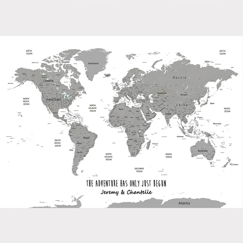 Personalised World Map Poster in White & Grey – Bespoke Art Framing