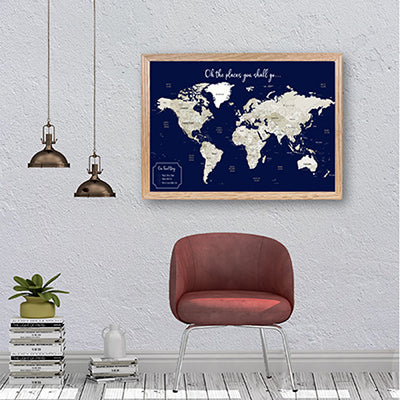 Personalised World Map Framed Pin Board with Legend - Navy + White ...